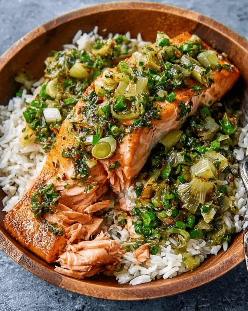 Miso Butter Salmon with Sizzled Scallion Salsa Verde