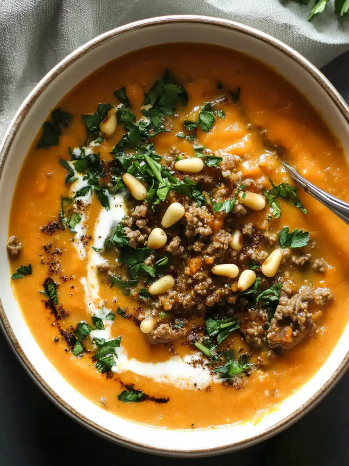 Delicious Carrot Soup with Spiced Ground Beef & Pine Nuts